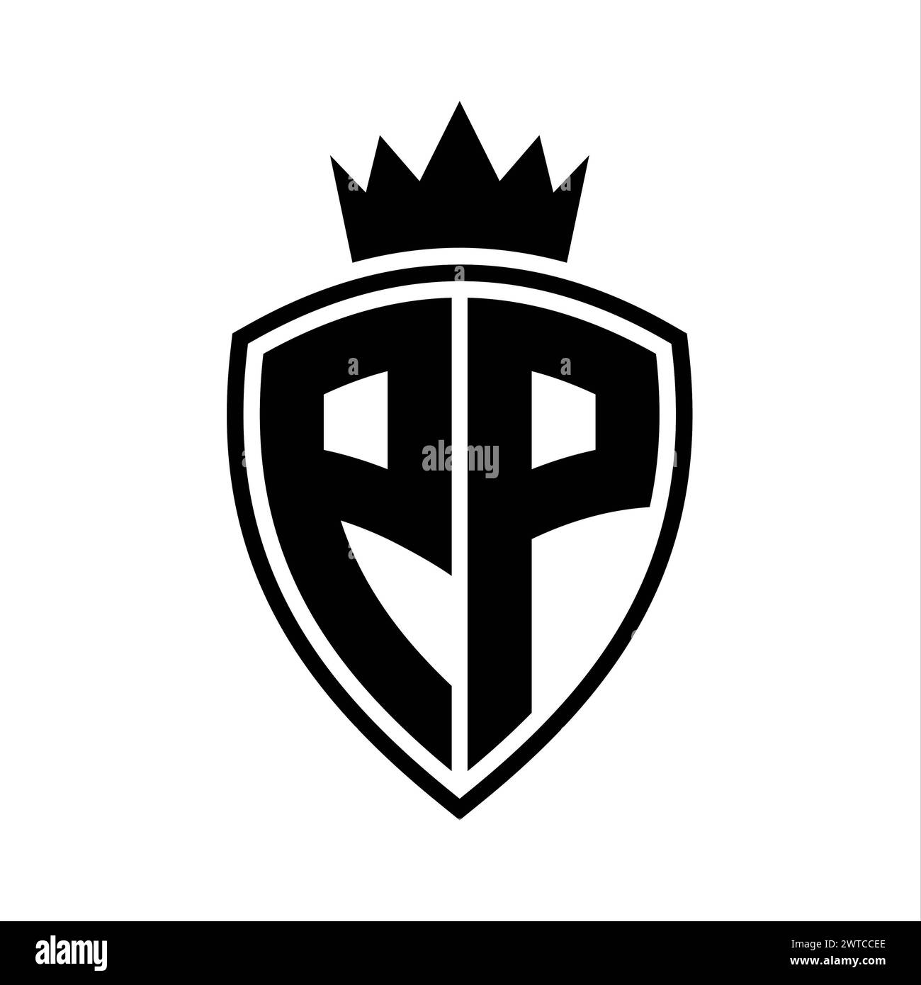 PP Letter bold monogram with shield and crown outline shape with black ...