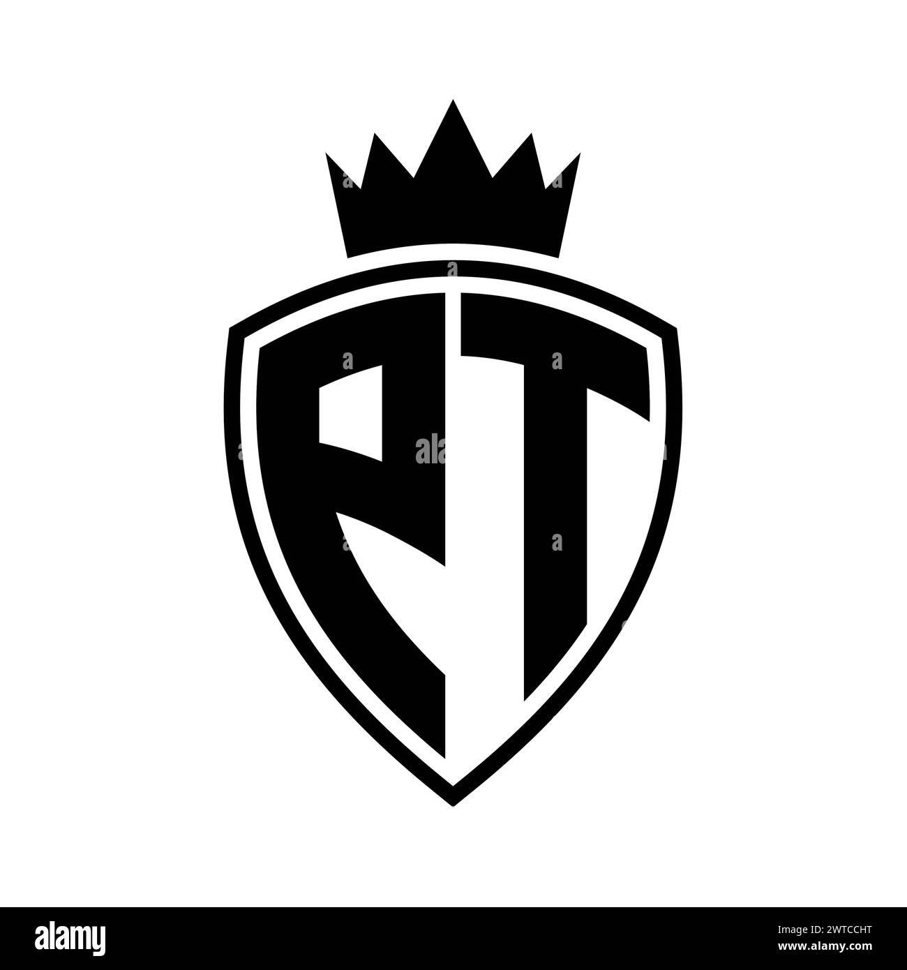 PT Letter bold monogram with shield and crown outline shape with black ...