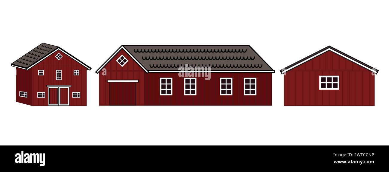 Set of vector red wooden barns with windows, closed doors. Isolated ...