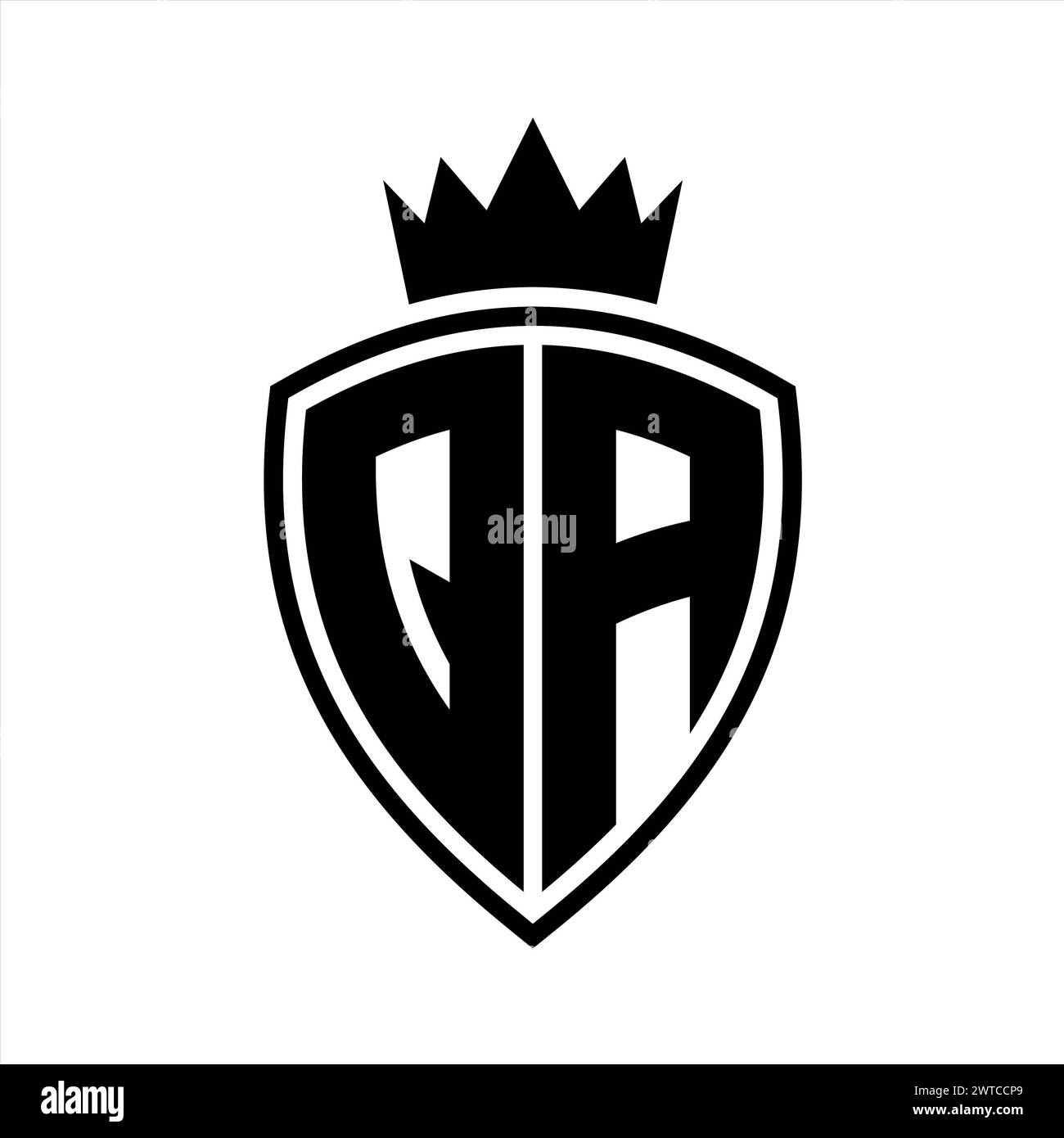 QA Letter bold monogram with shield and crown outline shape with black and white color design ...