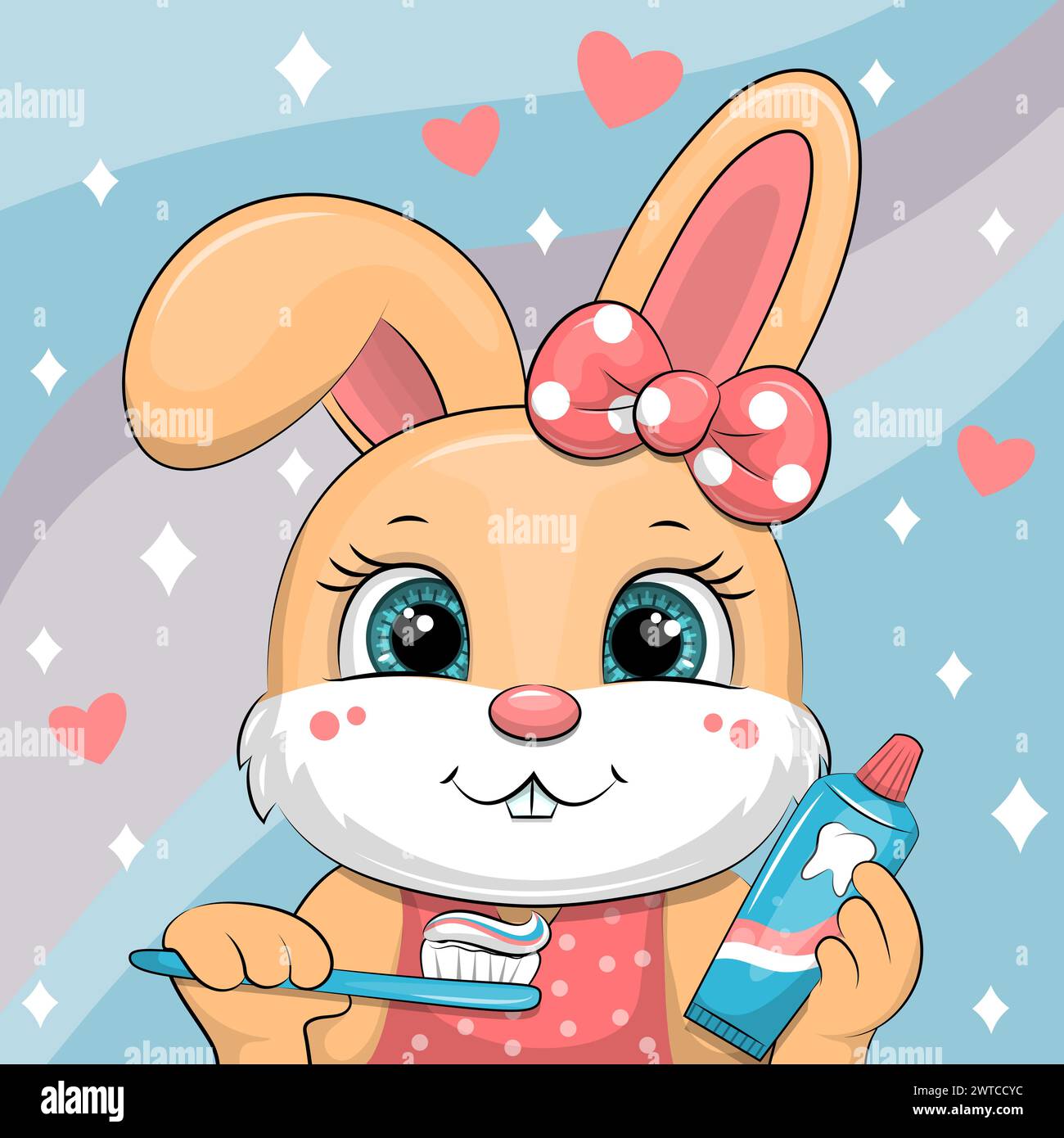Cute cartoon rabbit girl with toothpaste and toothbrush. Vector ...
