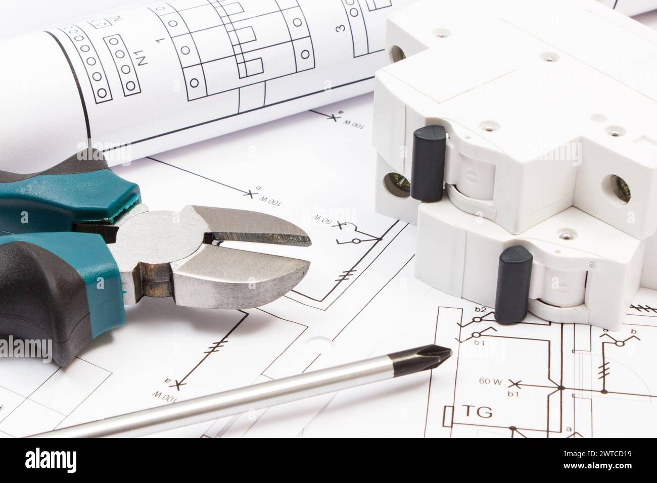 Work tools, electric fuse and diagrams of housing plan with electrical ...