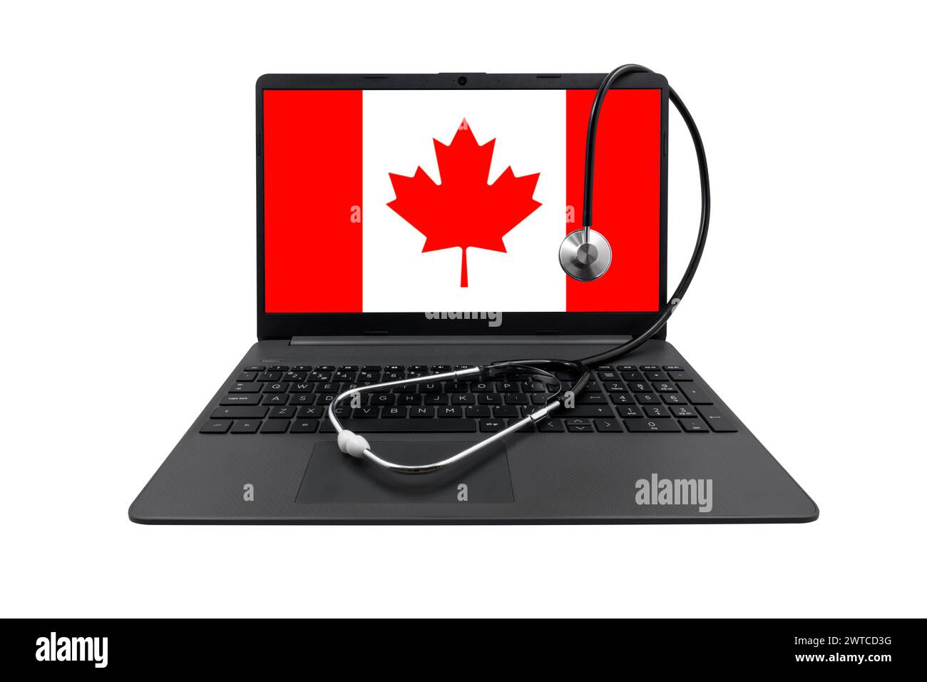 Laptop with Canada flag on screen and medical stethoscope, isolated on ...