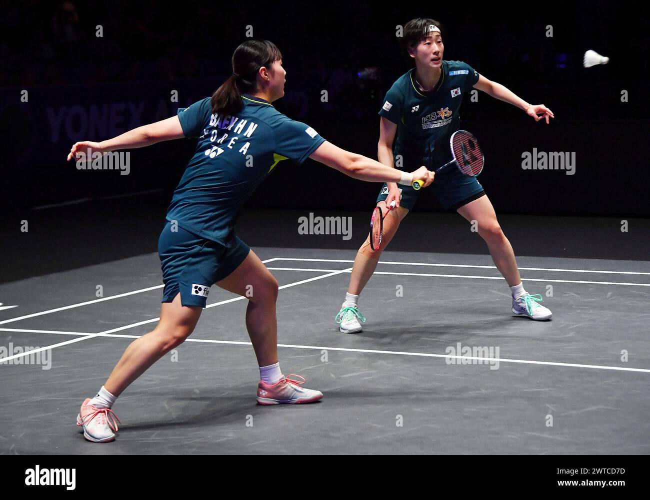 South Korea's Baek Ha Na and Lee So Hee, right, during the final match of the All England Open ...