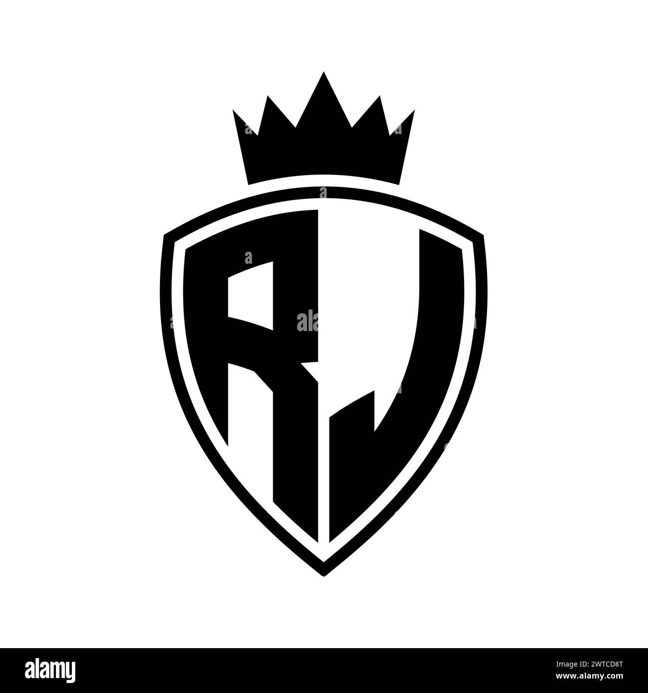RJ Letter bold monogram with shield and crown outline shape with black ...