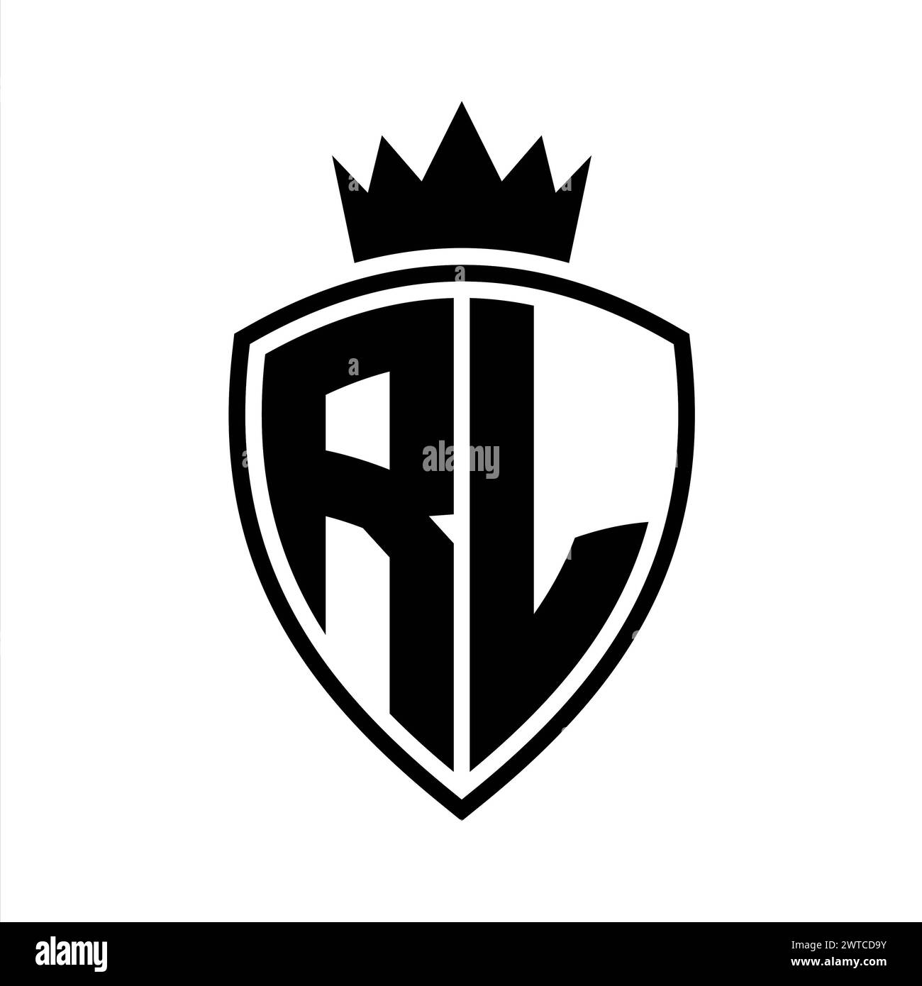 RL Letter bold monogram with shield and crown outline shape with black and white color design ...