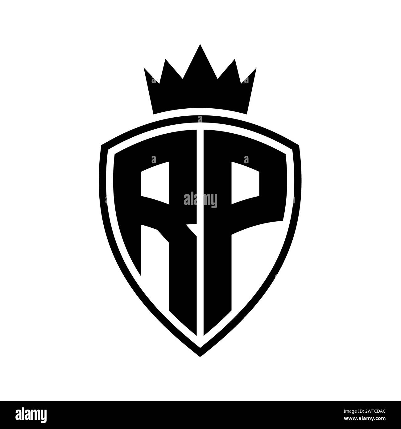 RP Letter bold monogram with shield and crown outline shape with black ...