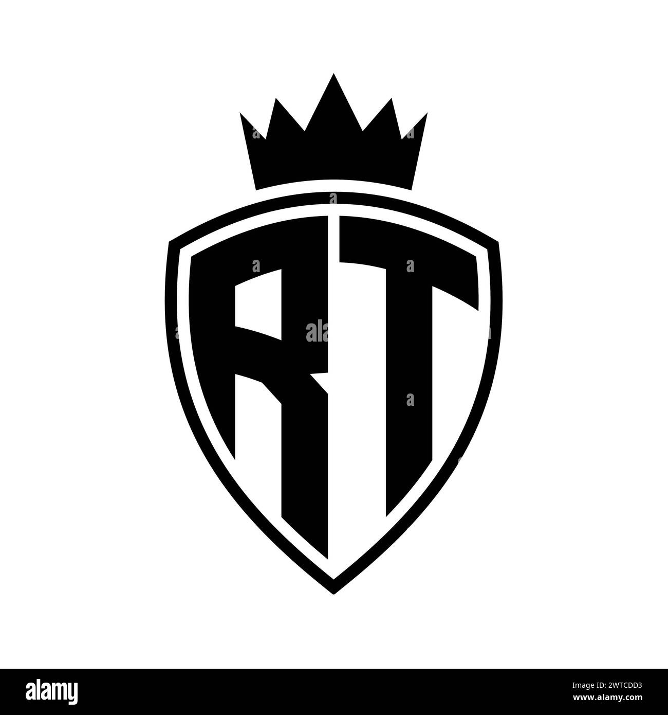 RT Letter bold monogram with shield and crown outline shape with black and white color design ...