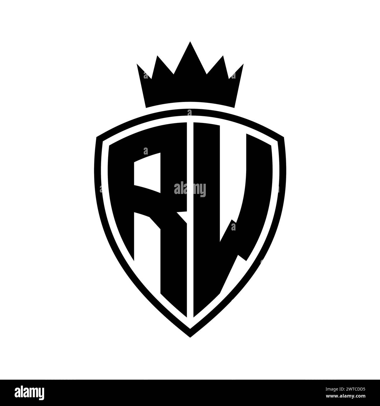 RW Letter bold monogram with shield and crown outline shape with black ...