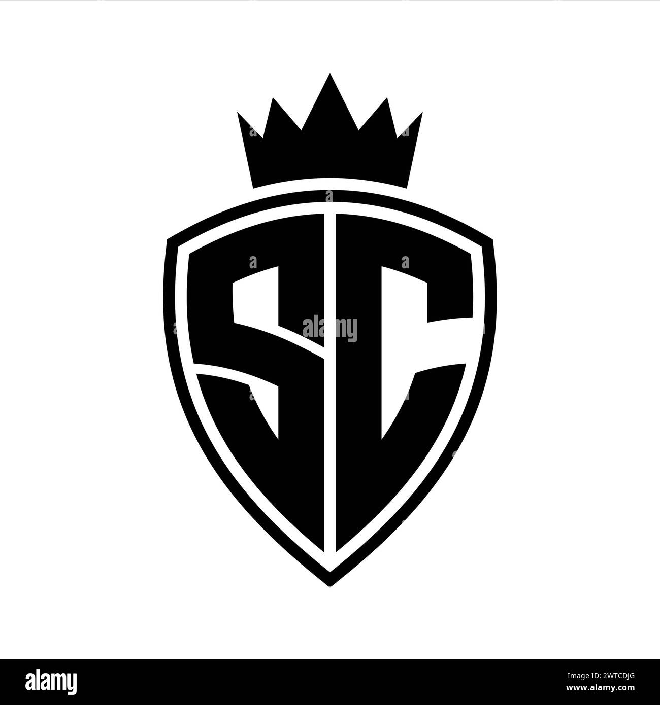 SC Letter bold monogram with shield and crown outline shape with black ...