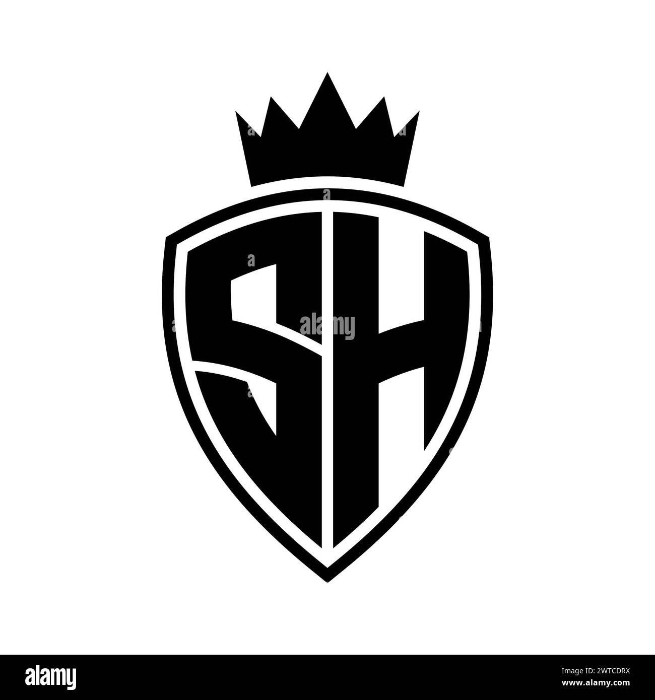 SH Letter bold monogram with shield and crown outline shape with black ...