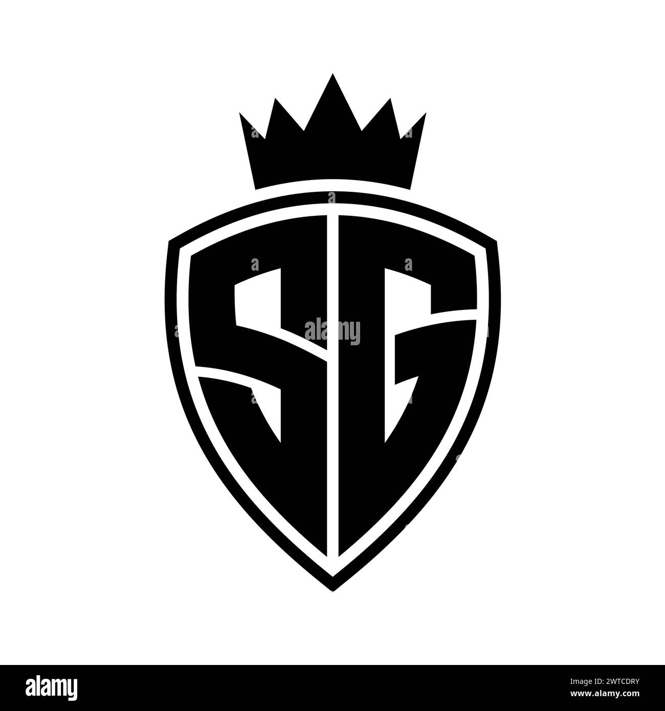 SG Letter bold monogram with shield and crown outline shape with black and white color design ...