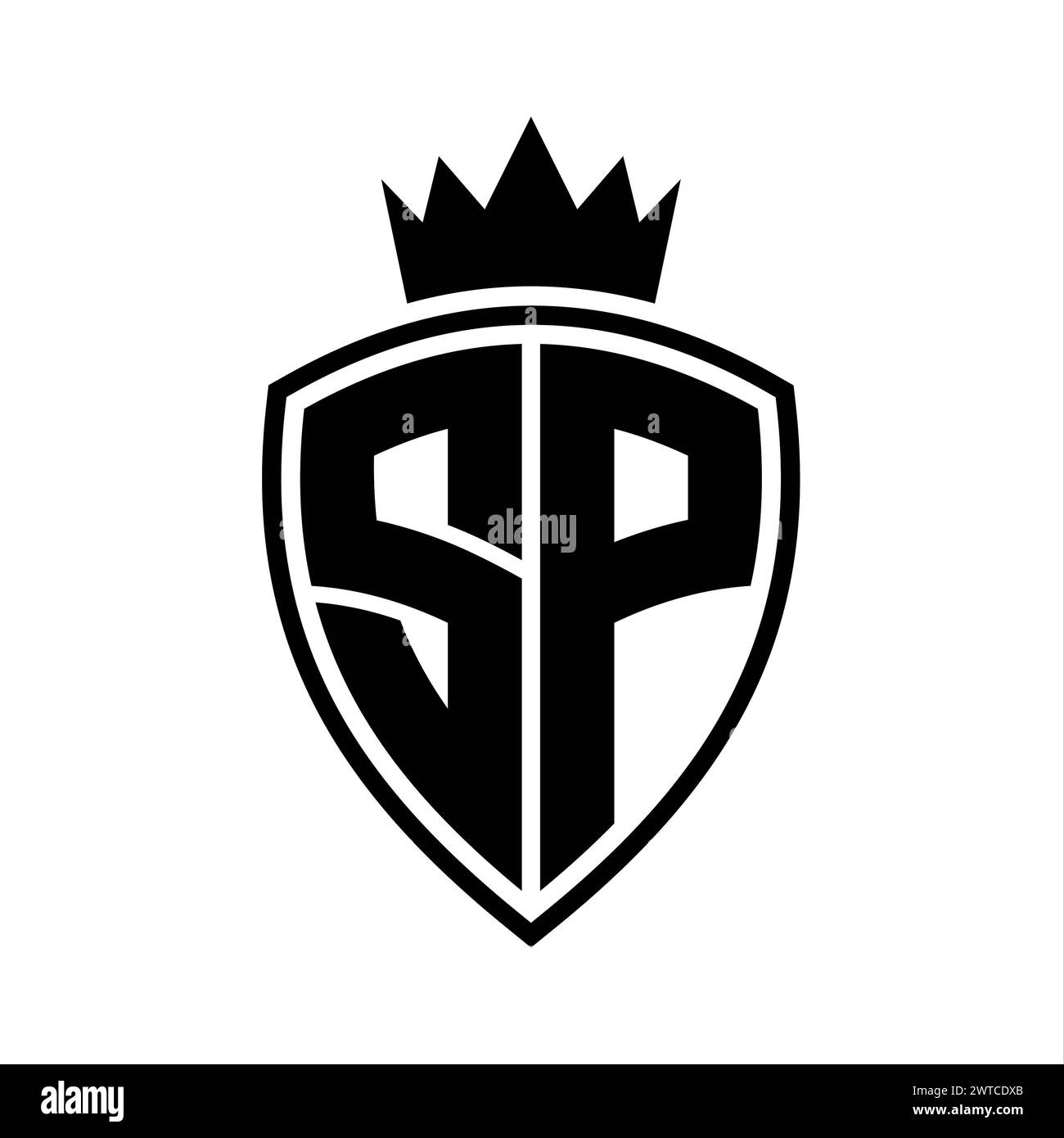 SP Letter bold monogram with shield and crown outline shape with black ...