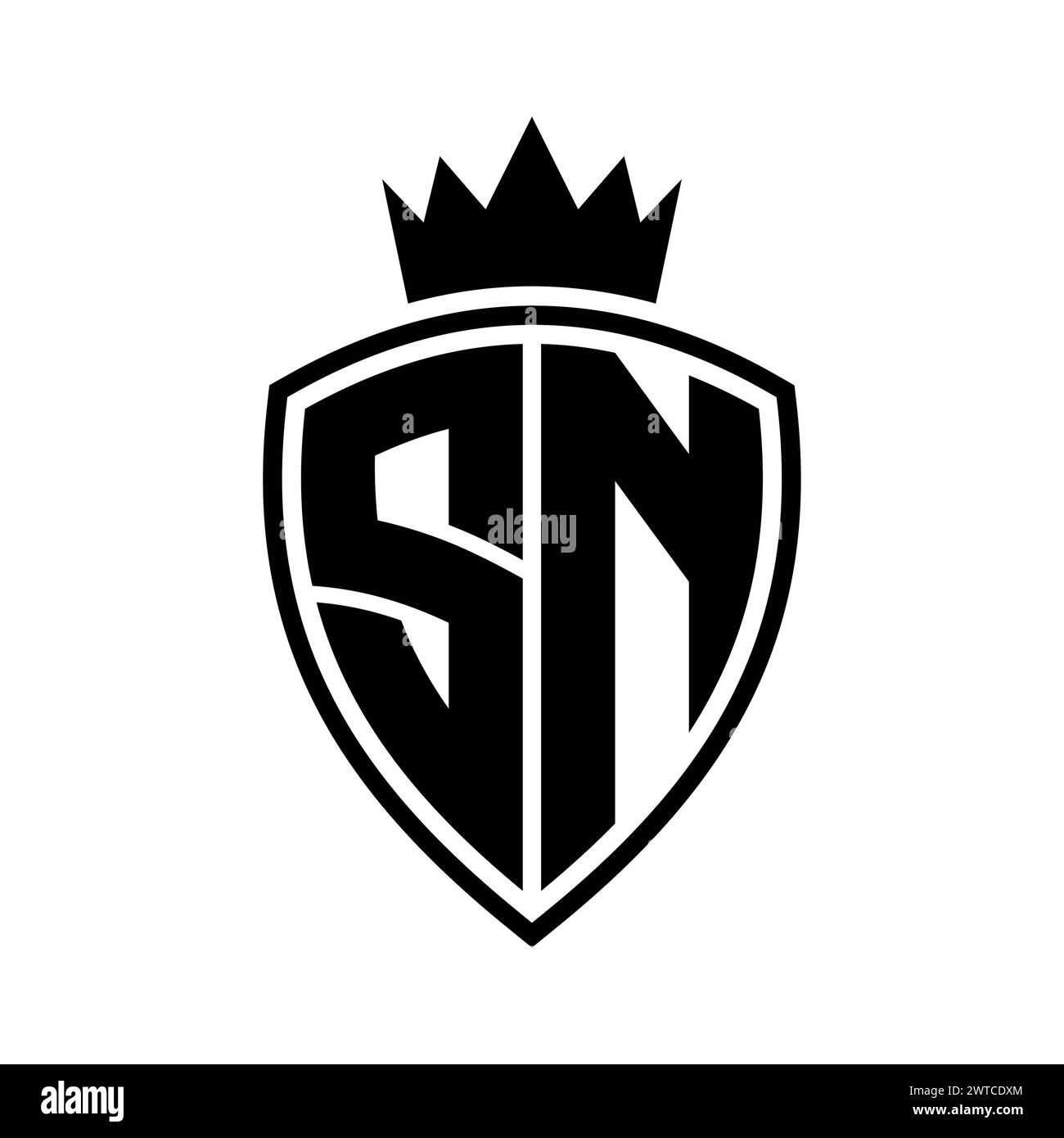 SN Letter bold monogram with shield and crown outline shape with black ...