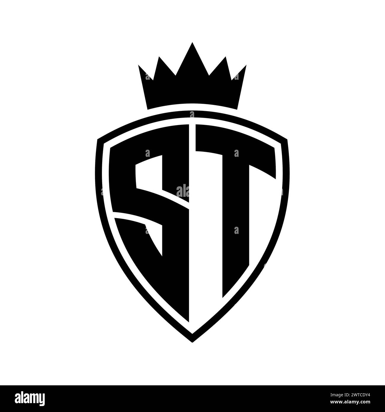 ST Letter bold monogram with shield and crown outline shape with black ...
