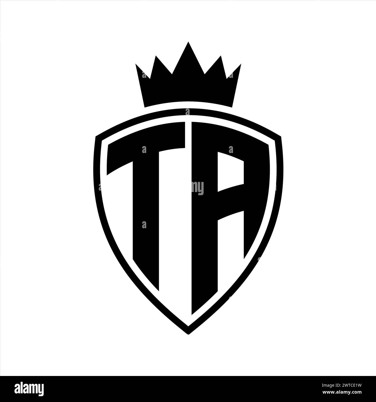 TA Letter bold monogram with shield and crown outline shape with black and white color design ...