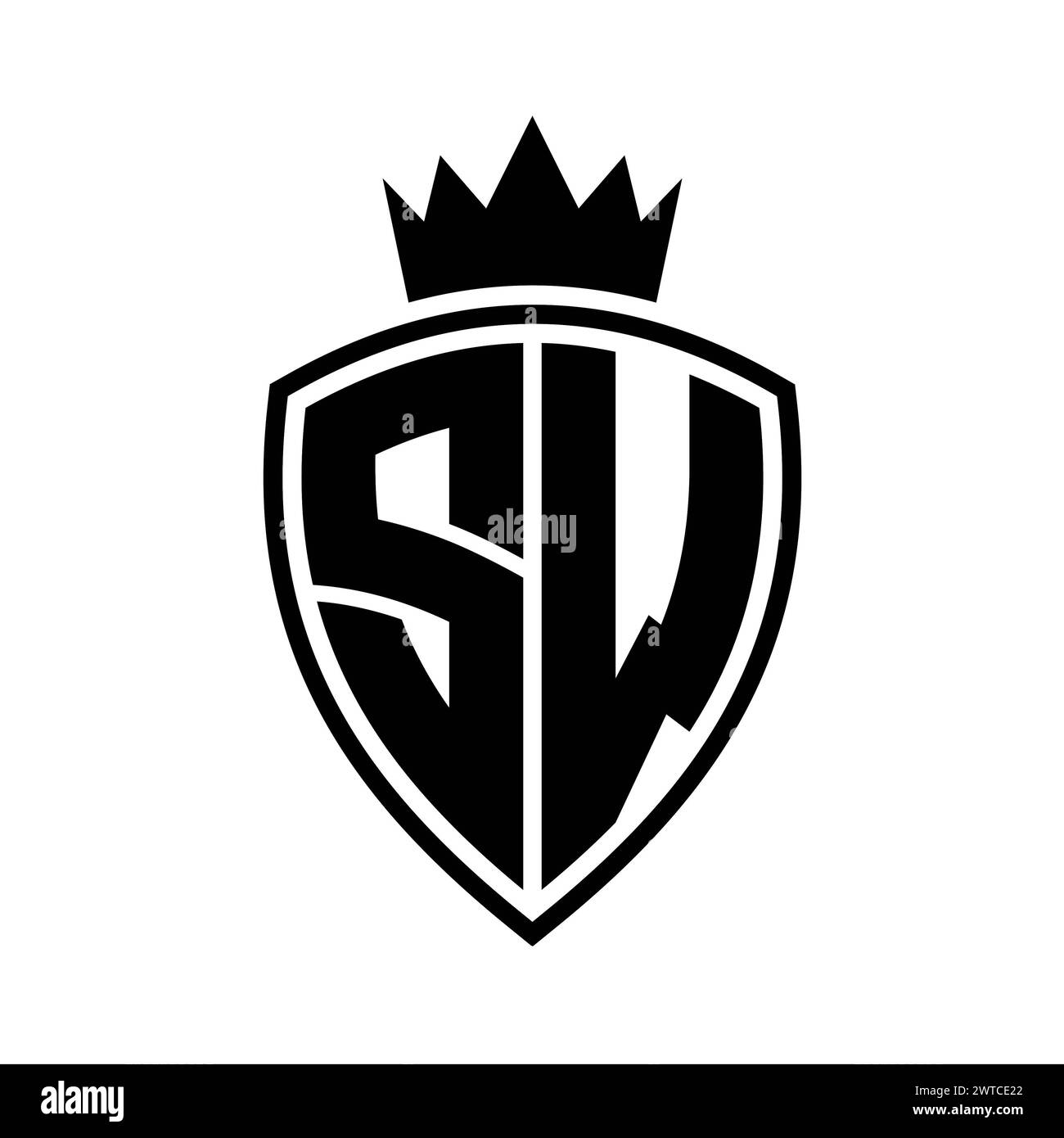 SW Letter bold monogram with shield and crown outline shape with black ...
