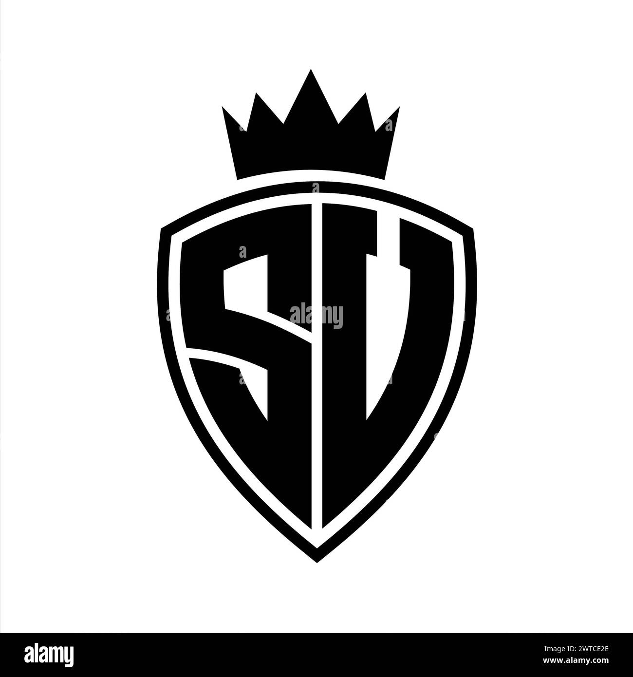 SV Letter bold monogram with shield and crown outline shape with black and white color design ...