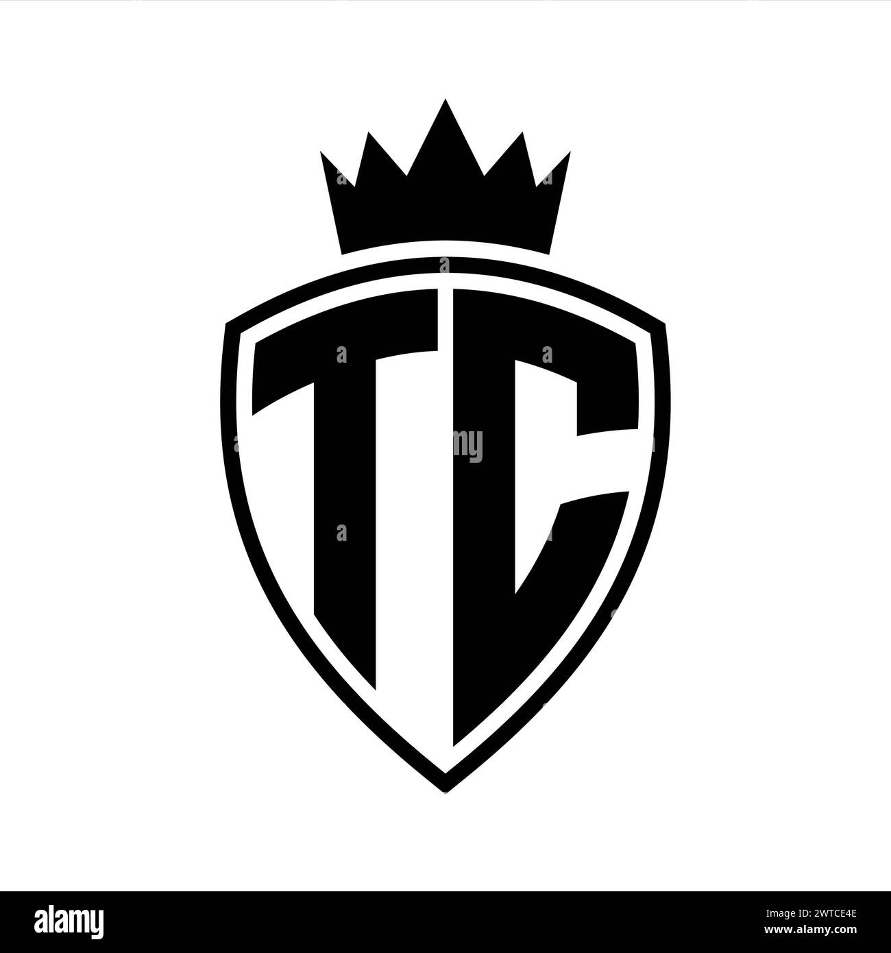 TC Letter bold monogram with shield and crown outline shape with black and white color design ...