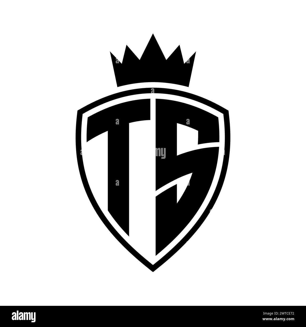 TS Letter bold monogram with shield and crown outline shape with black and white color design ...