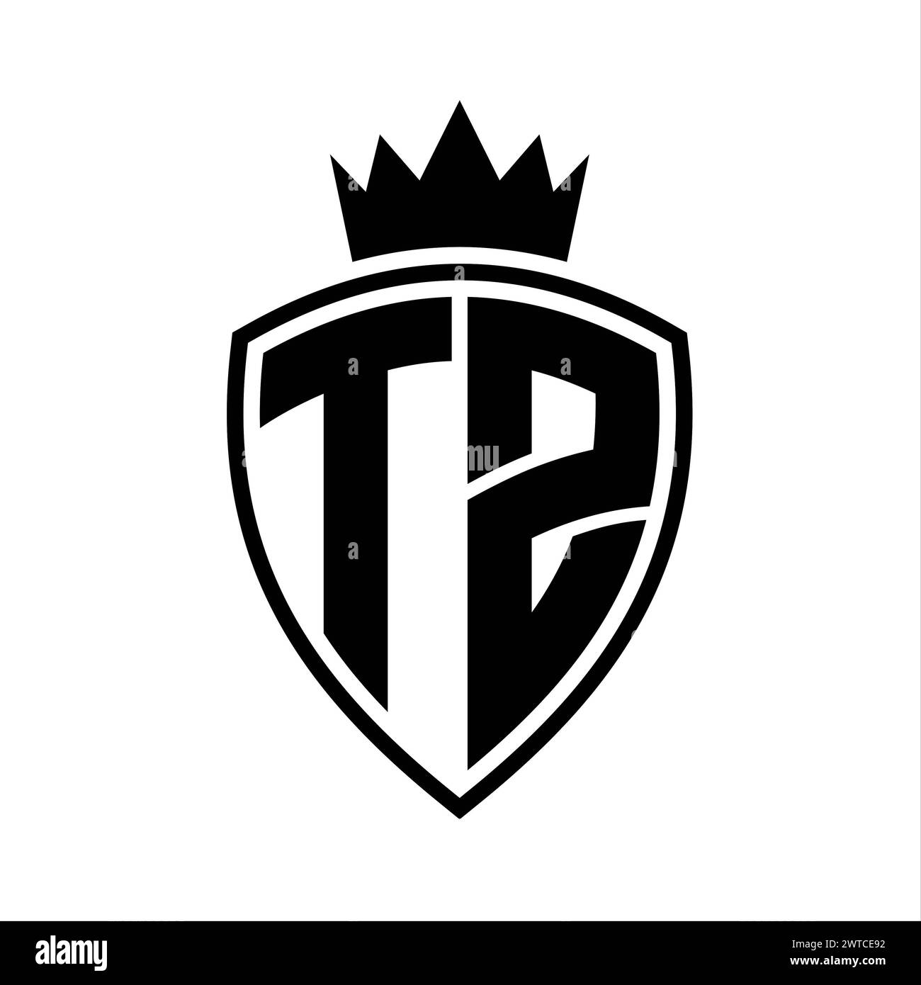 TZ Letter bold monogram with shield and crown outline shape with black and white color design ...
