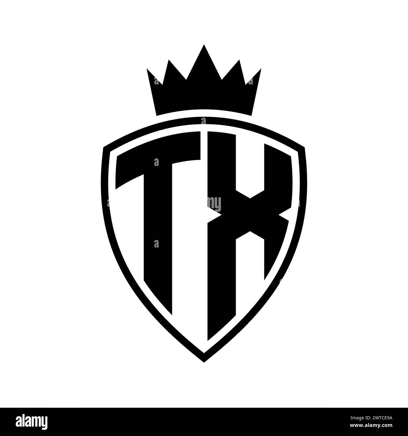 TX Letter bold monogram with shield and crown outline shape with black ...