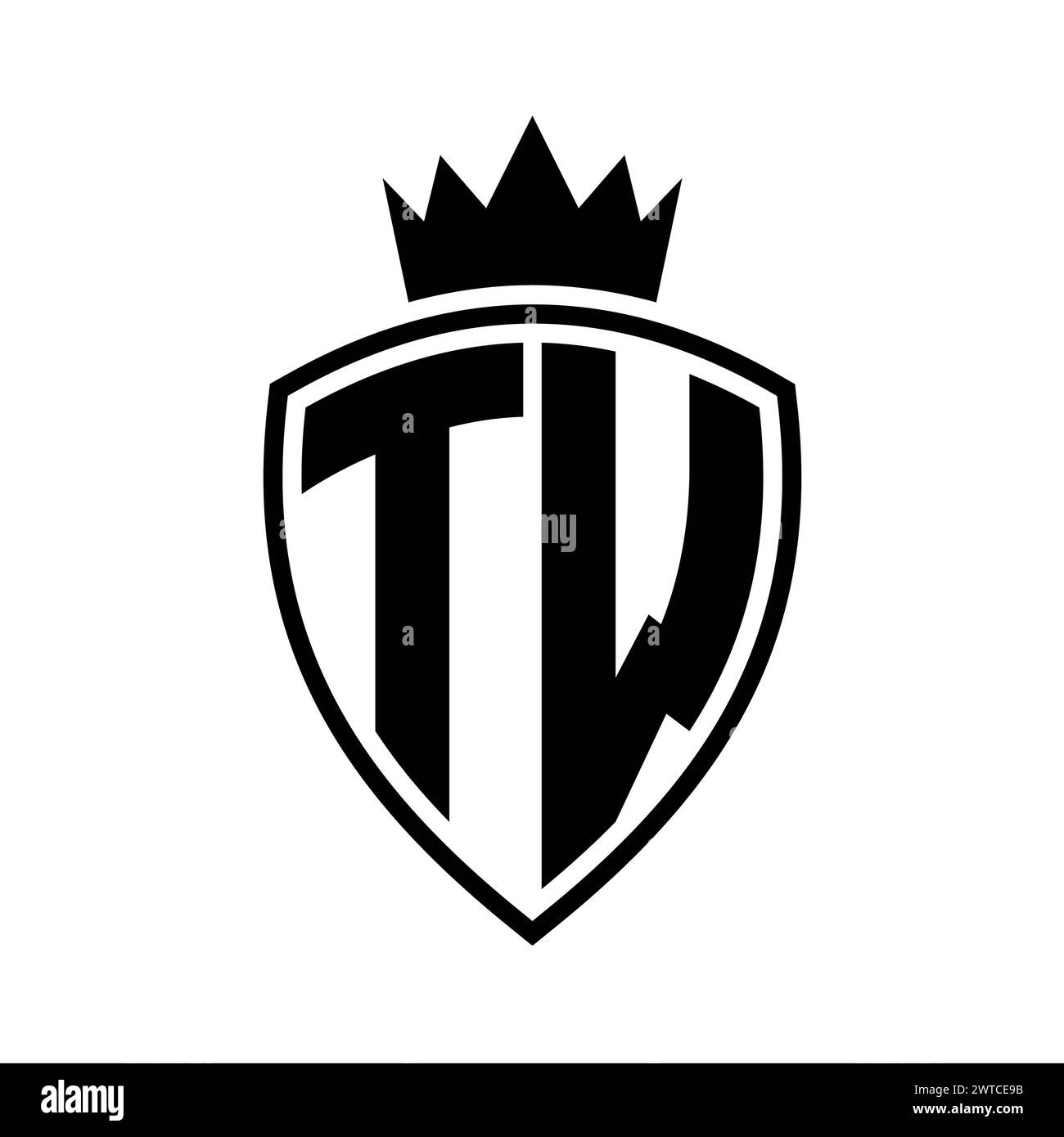 TW Letter bold monogram with shield and crown outline shape with black and white color design ...