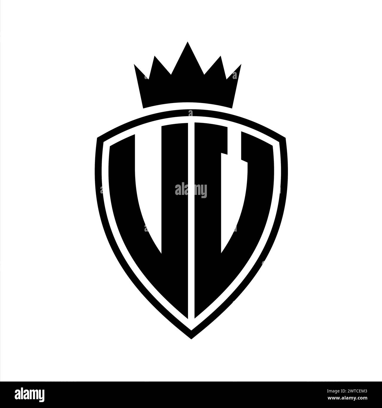 Uv Letter Bold Monogram With Shield And Crown Outline Shape With Black And White Color Design