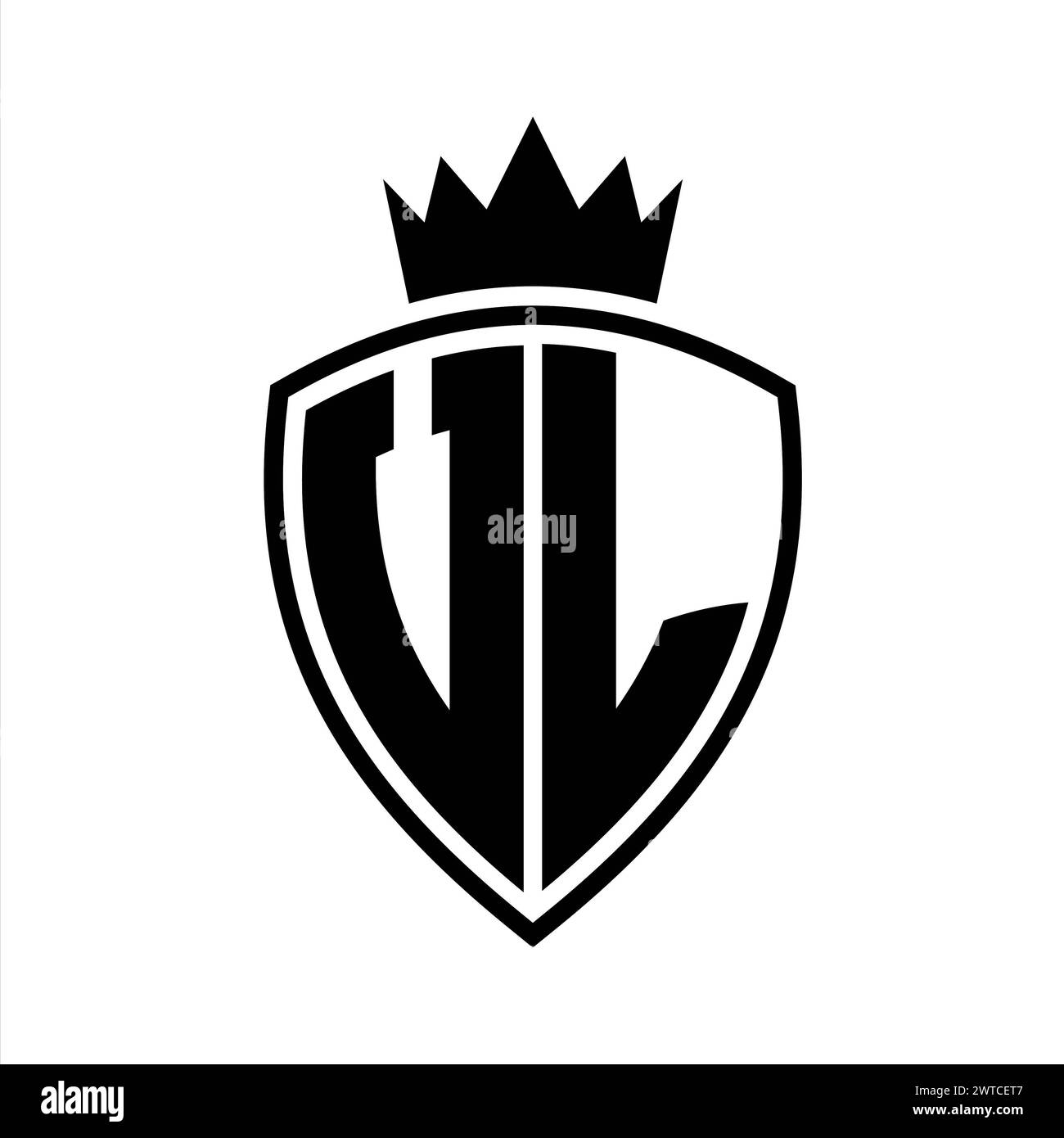 VL Letter bold monogram with shield and crown outline shape with black and white color design ...