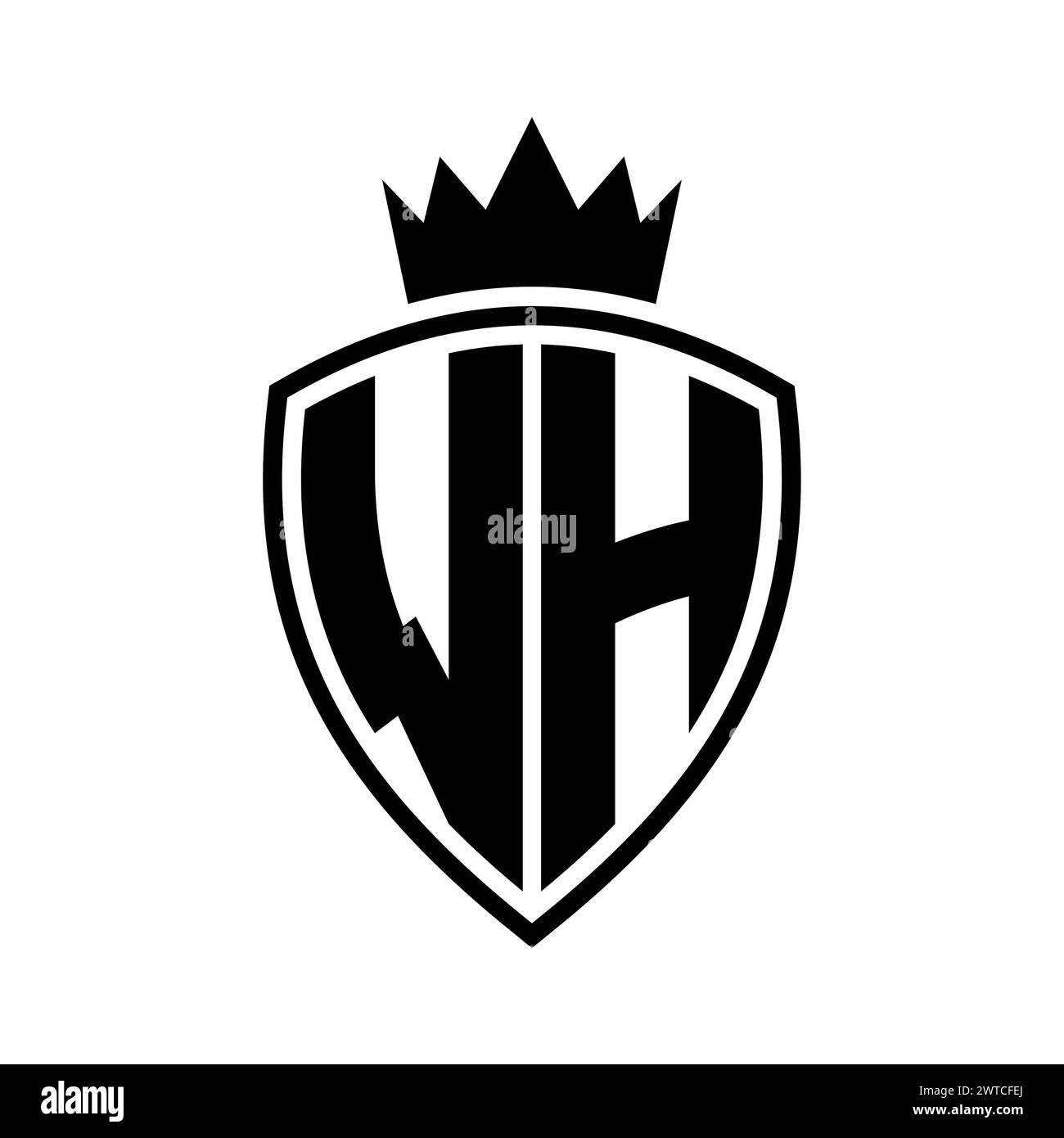 WH Letter bold monogram with shield and crown outline shape with black ...