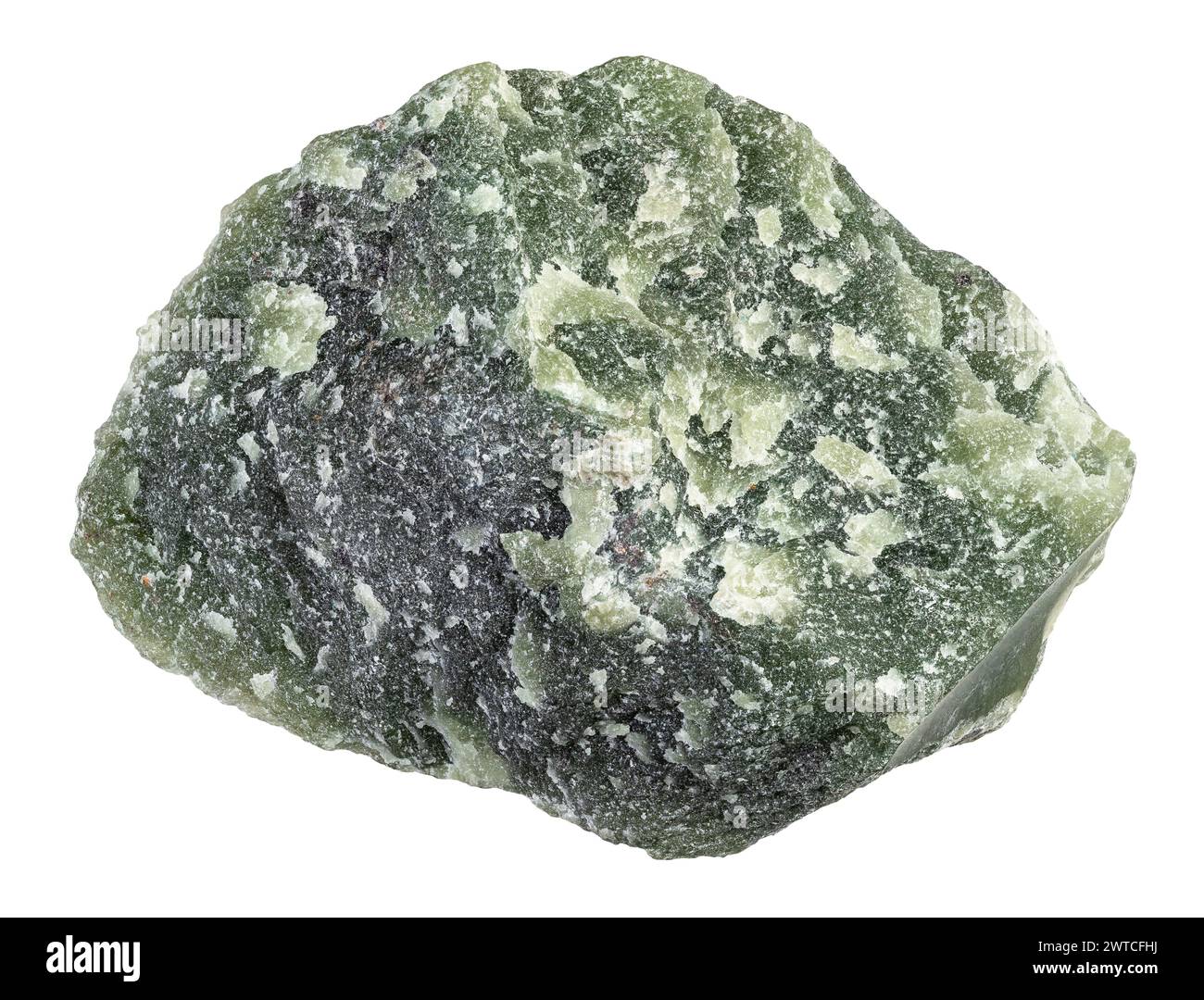 specimen of natural raw green nephrite rock cutout on white background ...