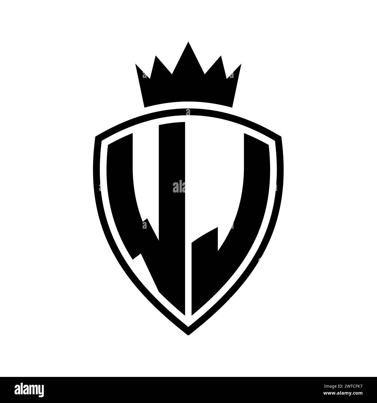 WJ Letter bold monogram with shield and crown outline shape with black ...