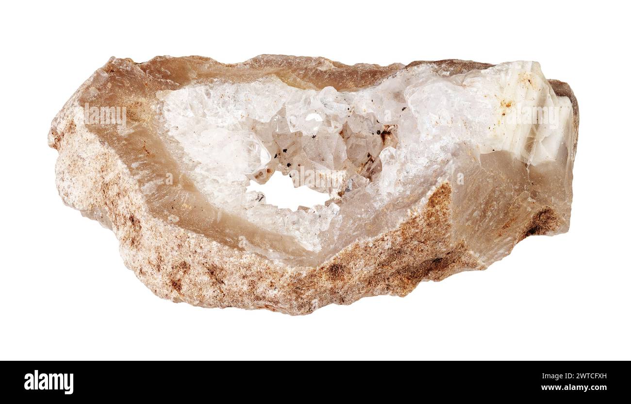 specimen of natural raw section of quartz-filled geode cutout on white ...