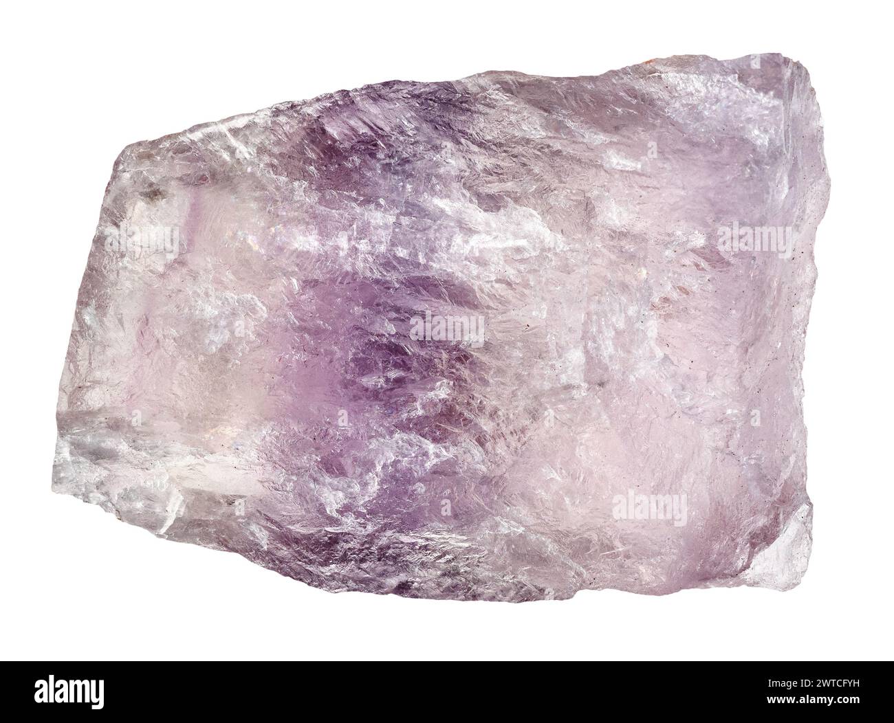 specimen of natural raw purple banded fluorite rock cutout on white ...