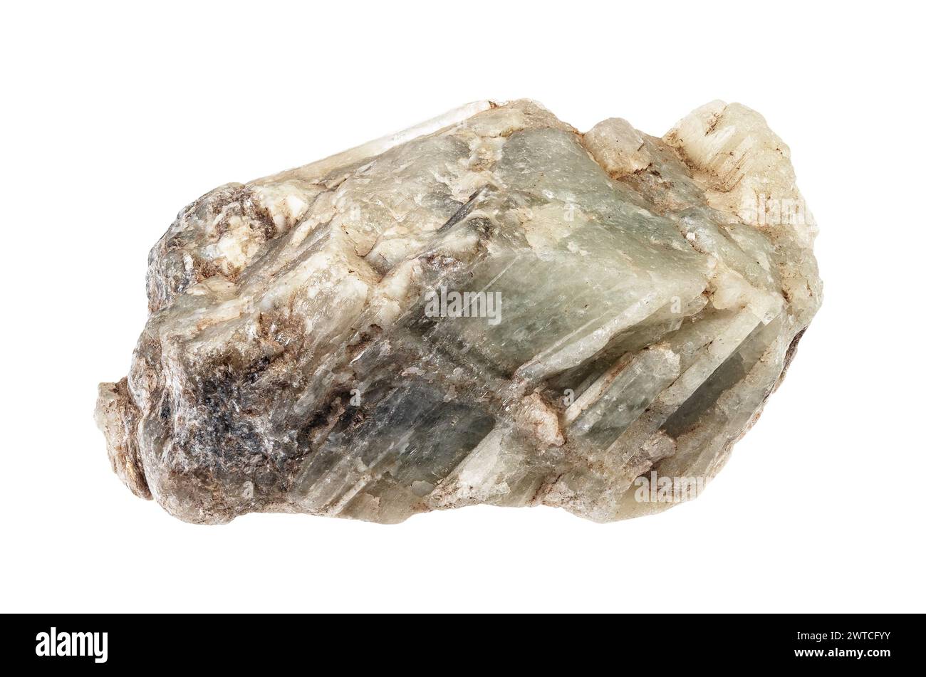 specimen of natural raw beryl mineral in rock cutout on white ...