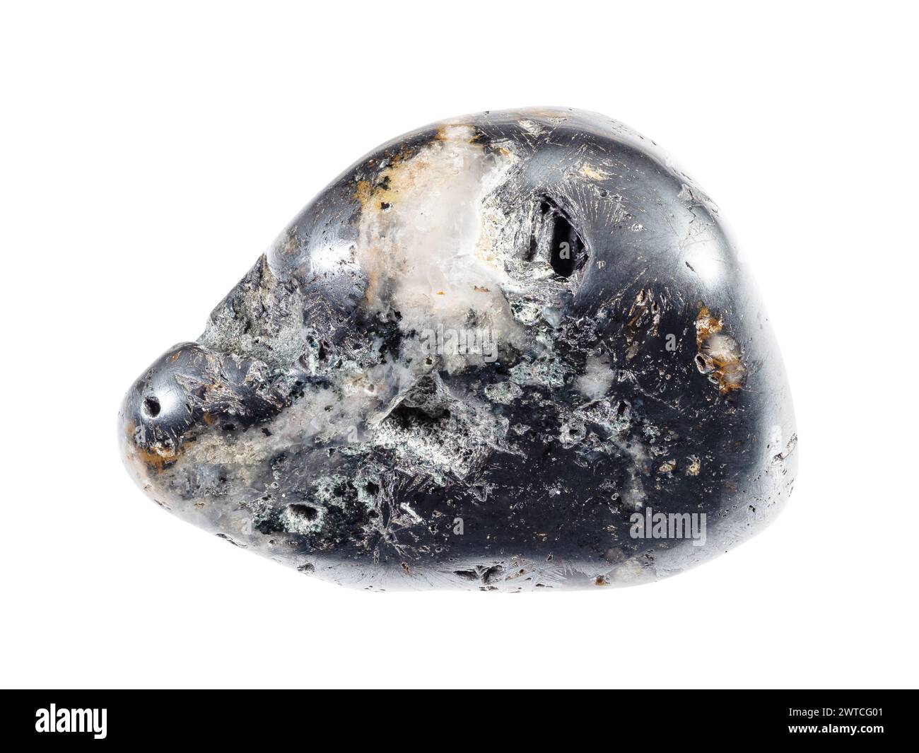 specimen of natural polished cleiophane and mushketovite rock cutout on ...