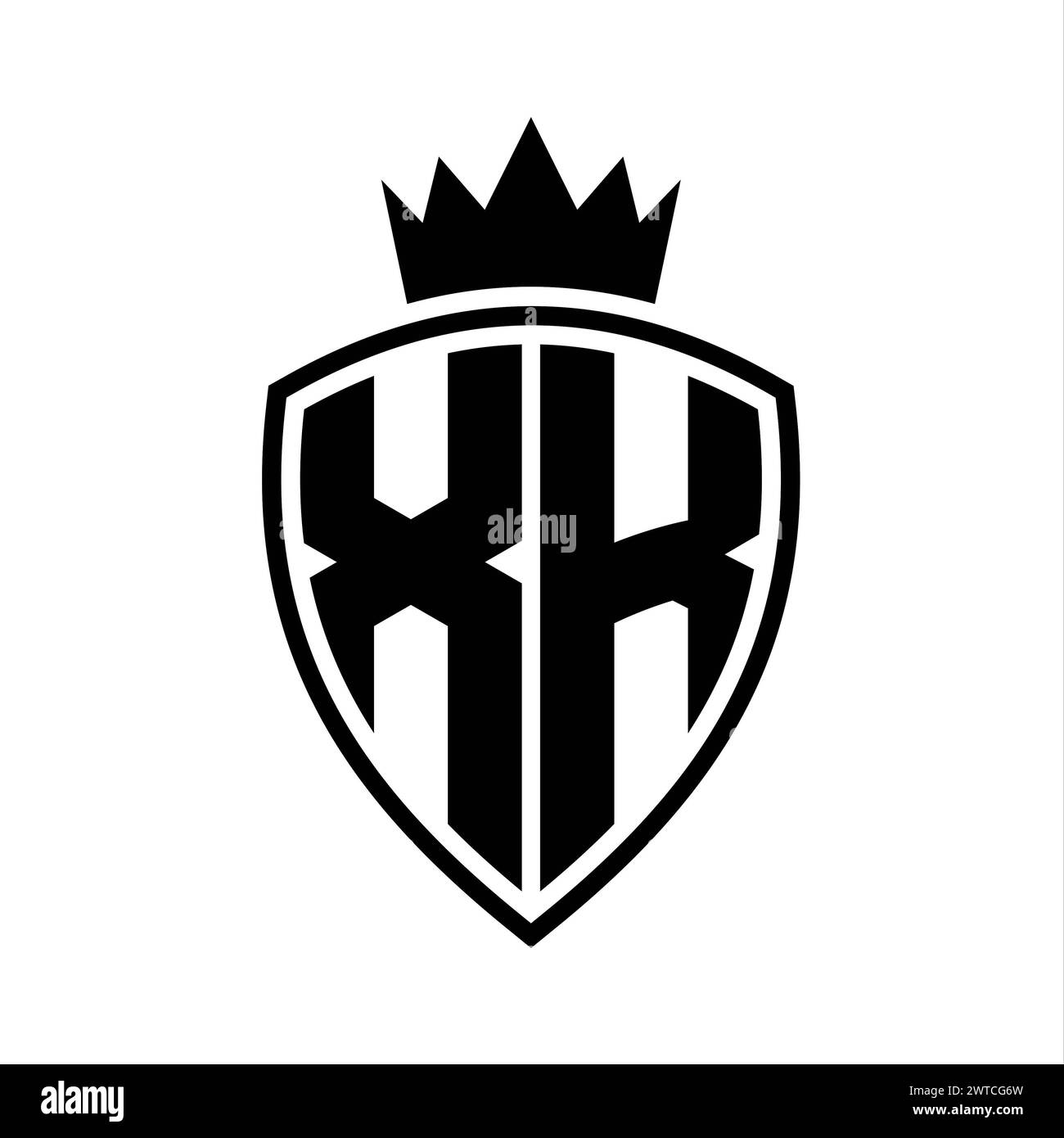 XK Letter bold monogram with shield and crown outline shape with black ...