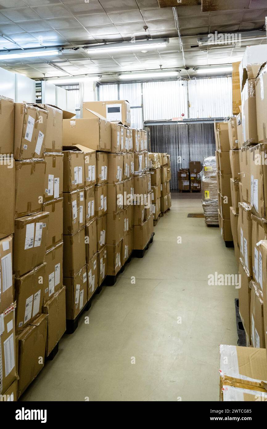 stockroom with cardboard boxes on pallets illuminated by electric light ...
