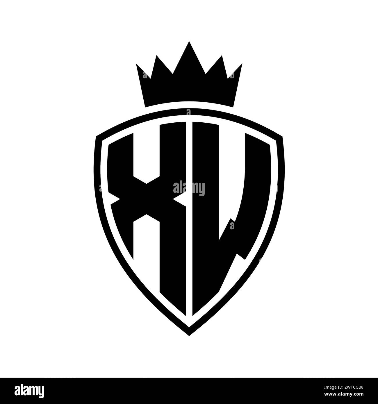 XW Letter bold monogram with shield and crown outline shape with black ...