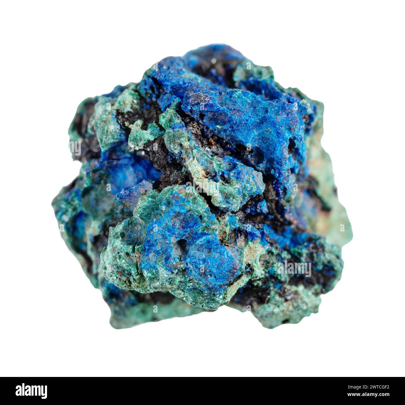 specimen of natural raw azurite and malachite mineral cutout on white ...