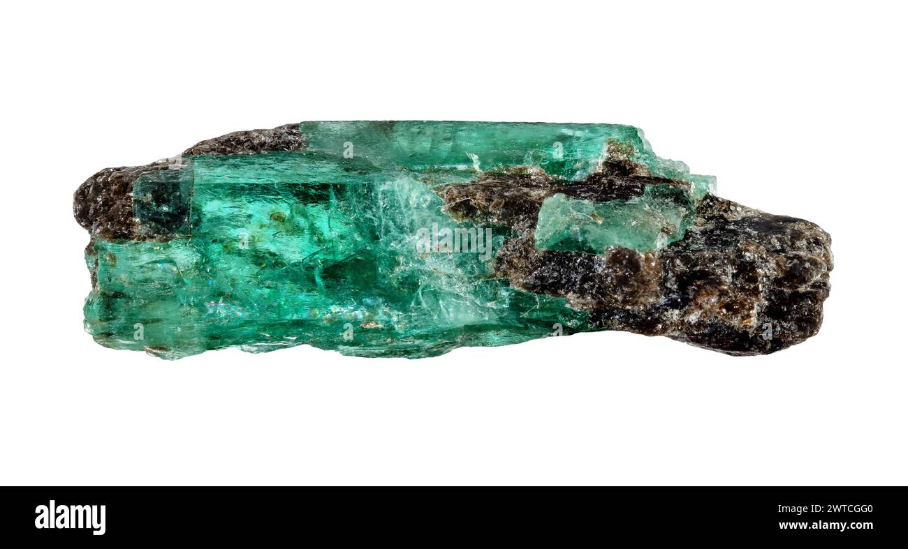 specimen of natural raw emerald crystal cutout on white background ...