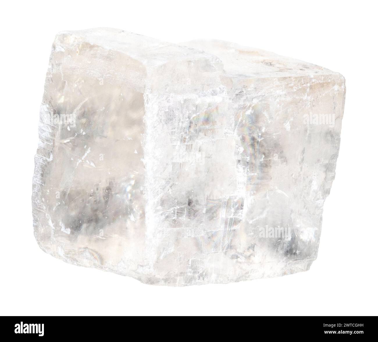 specimen of natural raw colorless calcite rock cutout on white ...