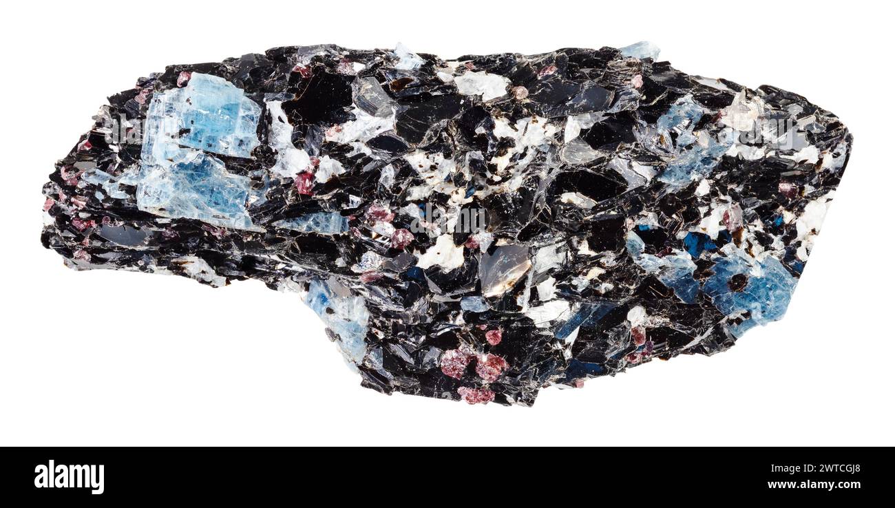 specimen of natural blue kyanite crystals in raw biotite rock cutout on ...