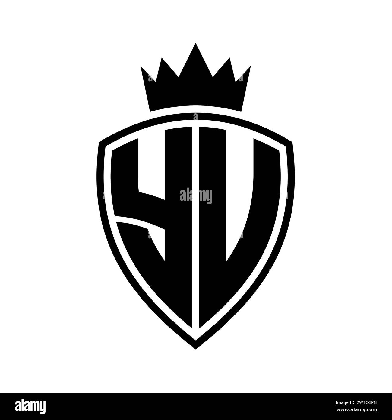 YU Letter bold monogram with shield and crown outline shape with black ...