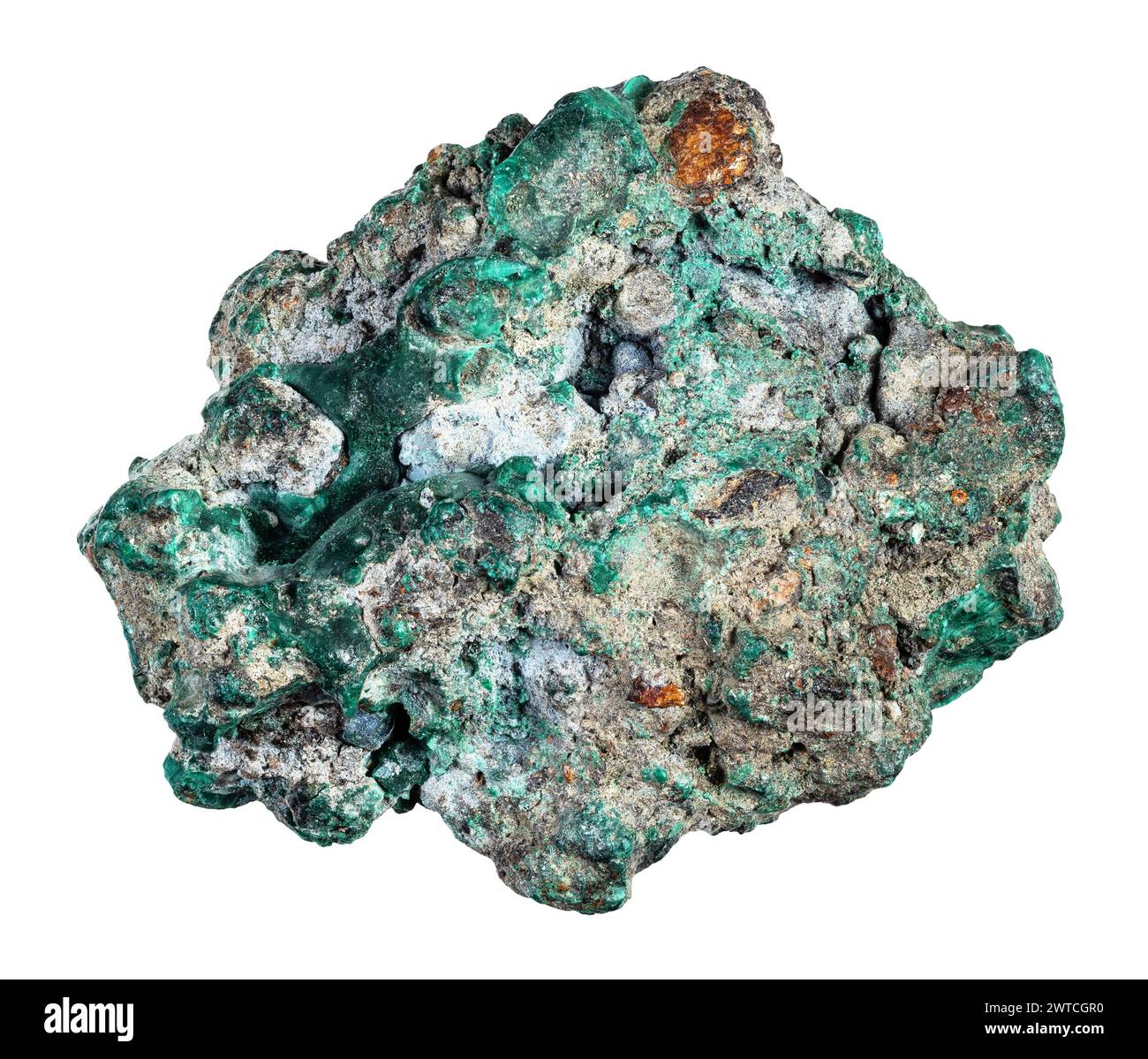 specimen of natural raw malachite ore cutout on white background Stock ...