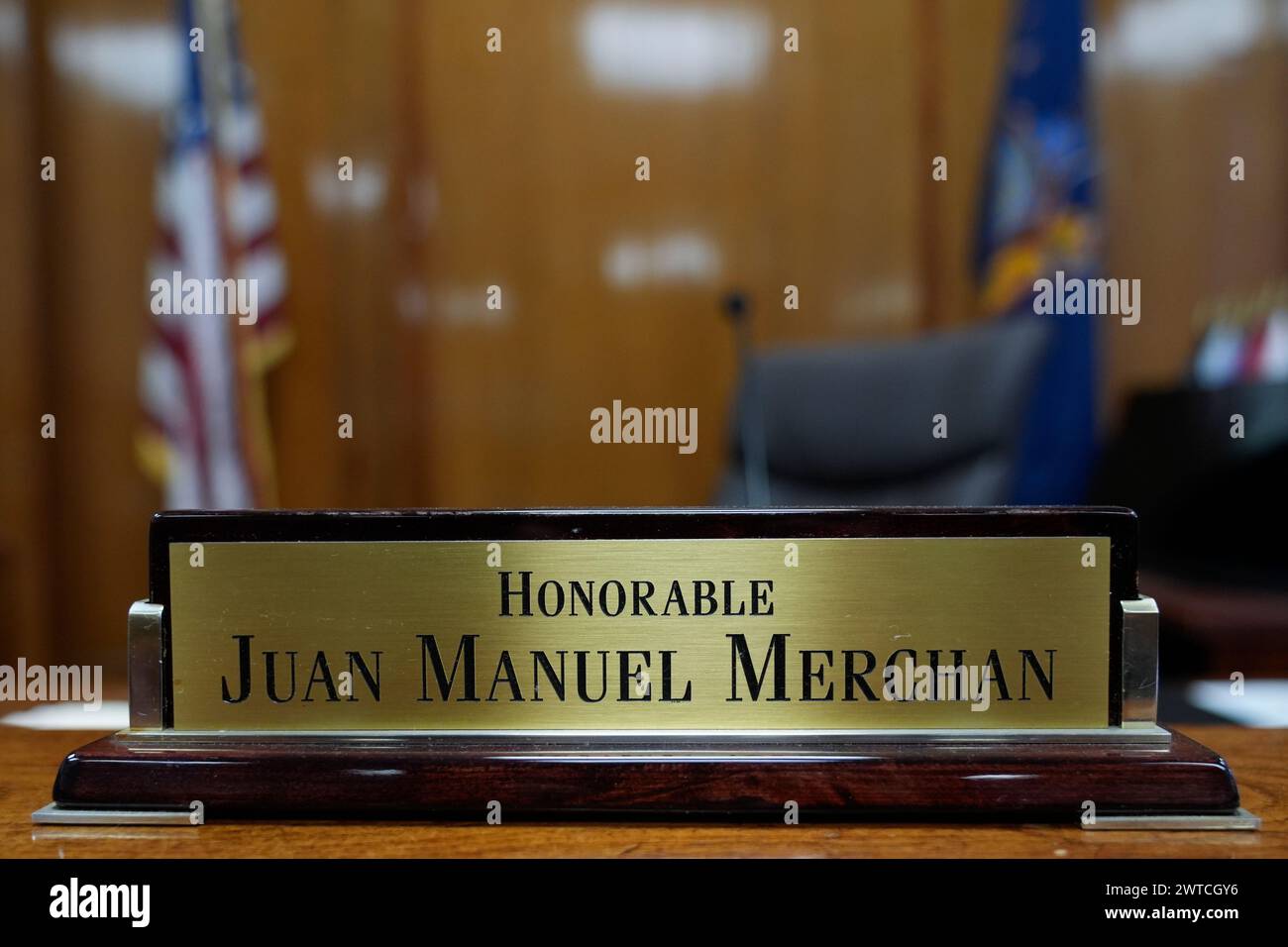 FILE - Judge Juan Merchan's courtroom is seen in New York, Tuesday, March 12, 2024. Merchan ...