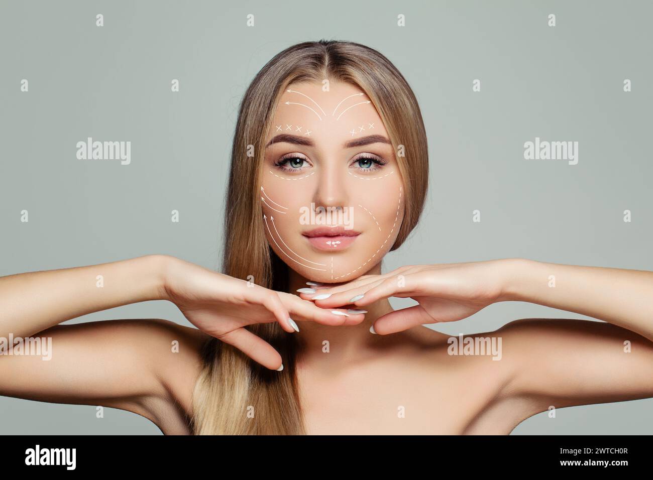 Fresh female face with healthy skin and cosmetology lines, medicine and ...