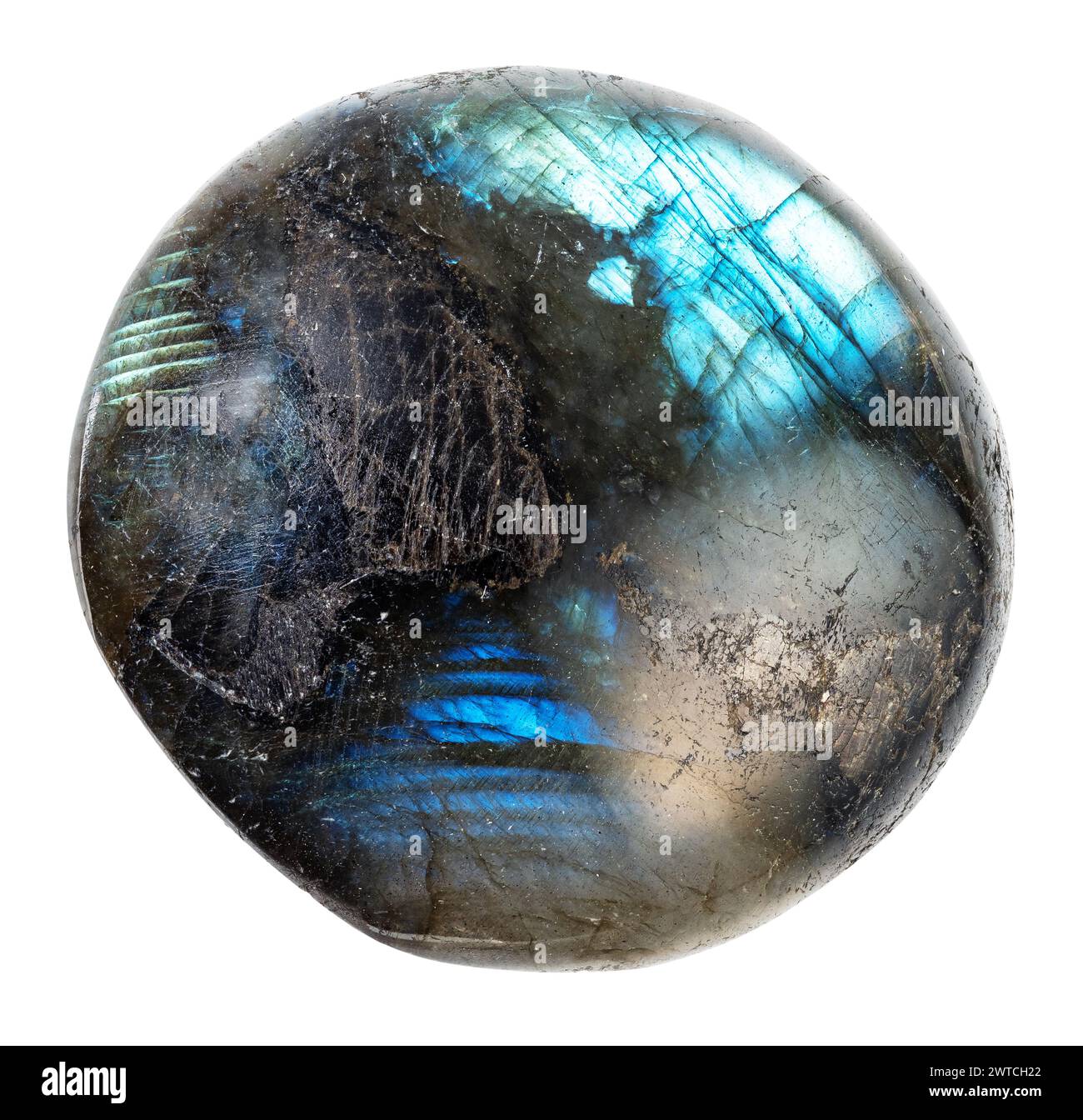 specimen of natural polished labradorite gemstone cutout on white ...