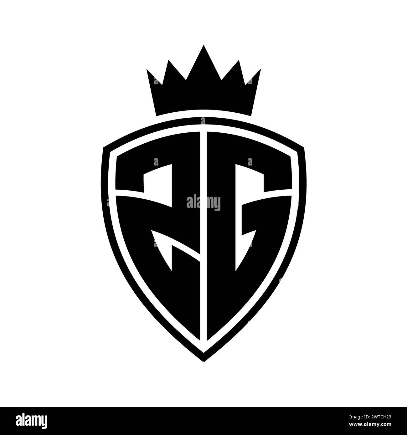ZG Letter bold monogram with shield and crown outline shape with black and white color design ...