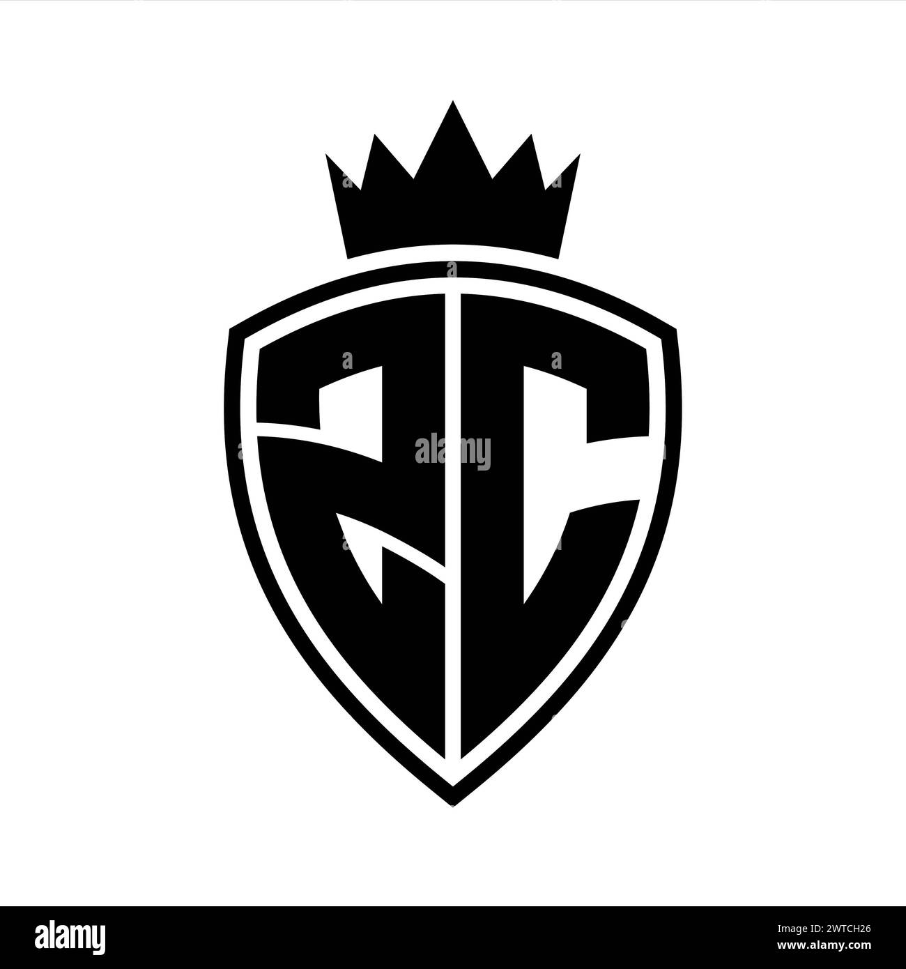 ZC Letter bold monogram with shield and crown outline shape with black and white color design ...